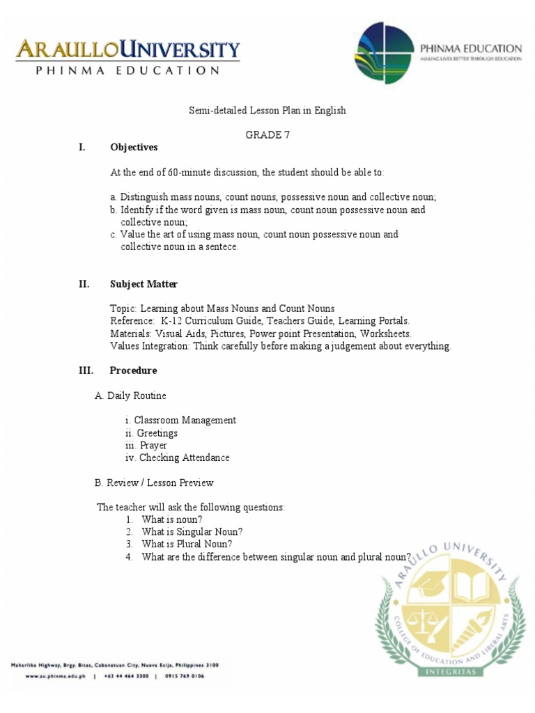 Grade 7 Noun Types Lesson Plan | PDF | Noun | Teachers