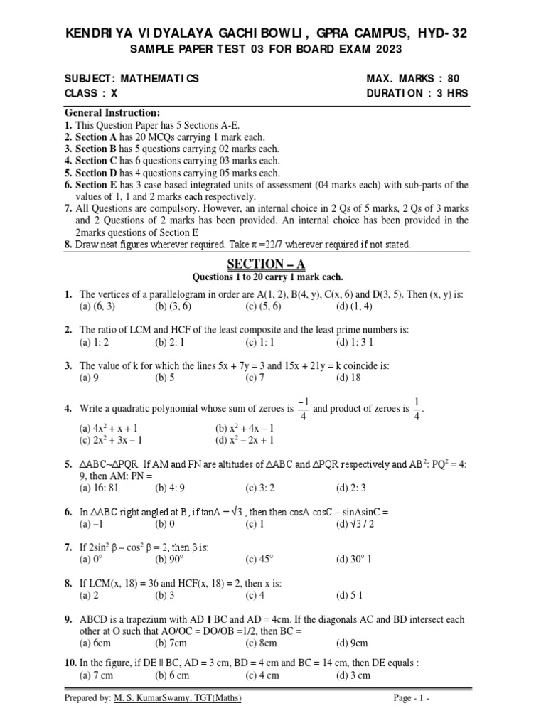 Maths Class X Sample Paper Test 03 For Board Exam 2023 1 | PDF | Area ...