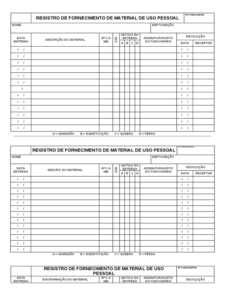 Modelo Padrão de Ficha de EPI | PDF