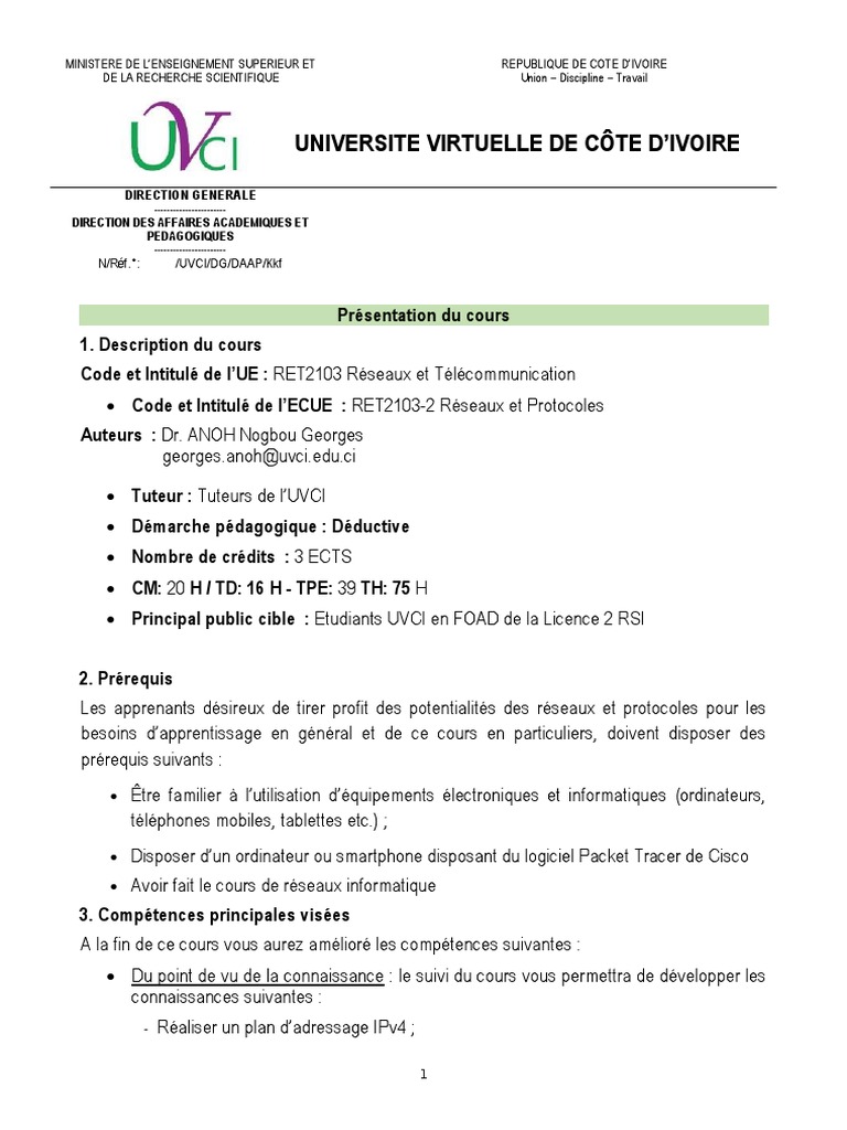Syllabus RÃ©seaux Et Protocoles 2020 PDF | PDF | Adresse IP | Routage