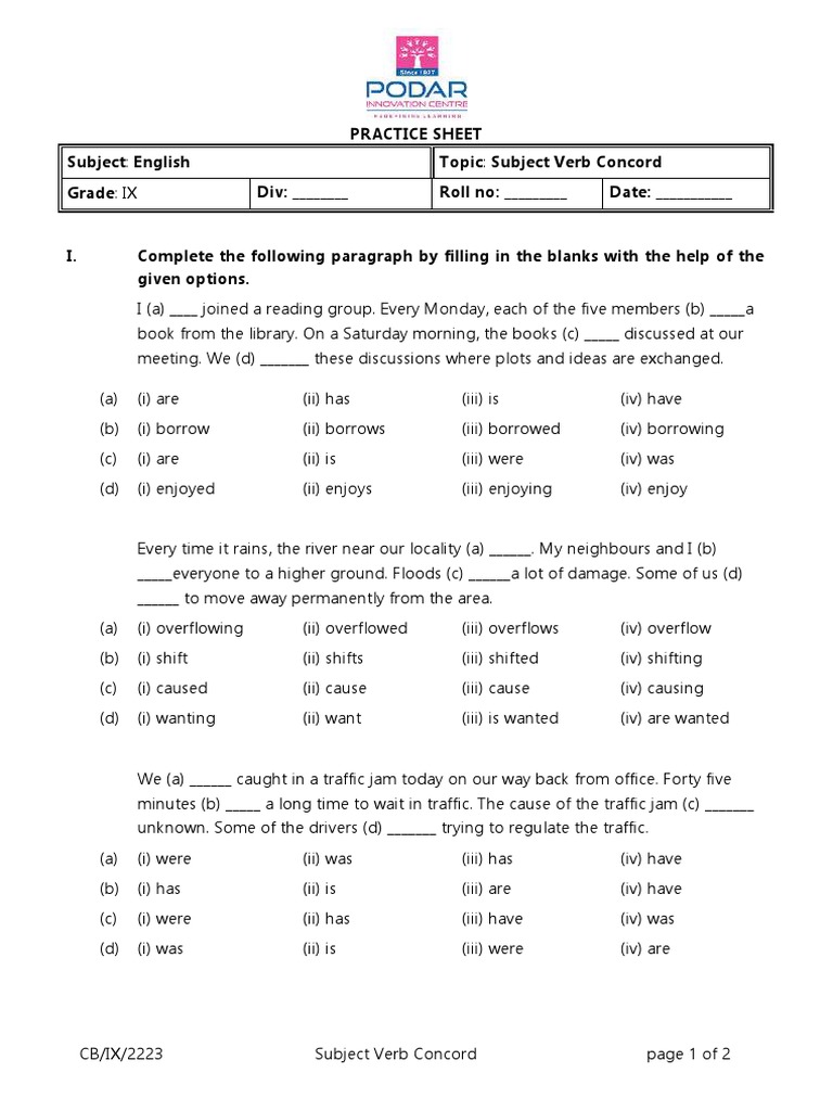 PS - QP - CB - IX - Eng - Subject Verb Concord | PDF | Subject (Grammar ...