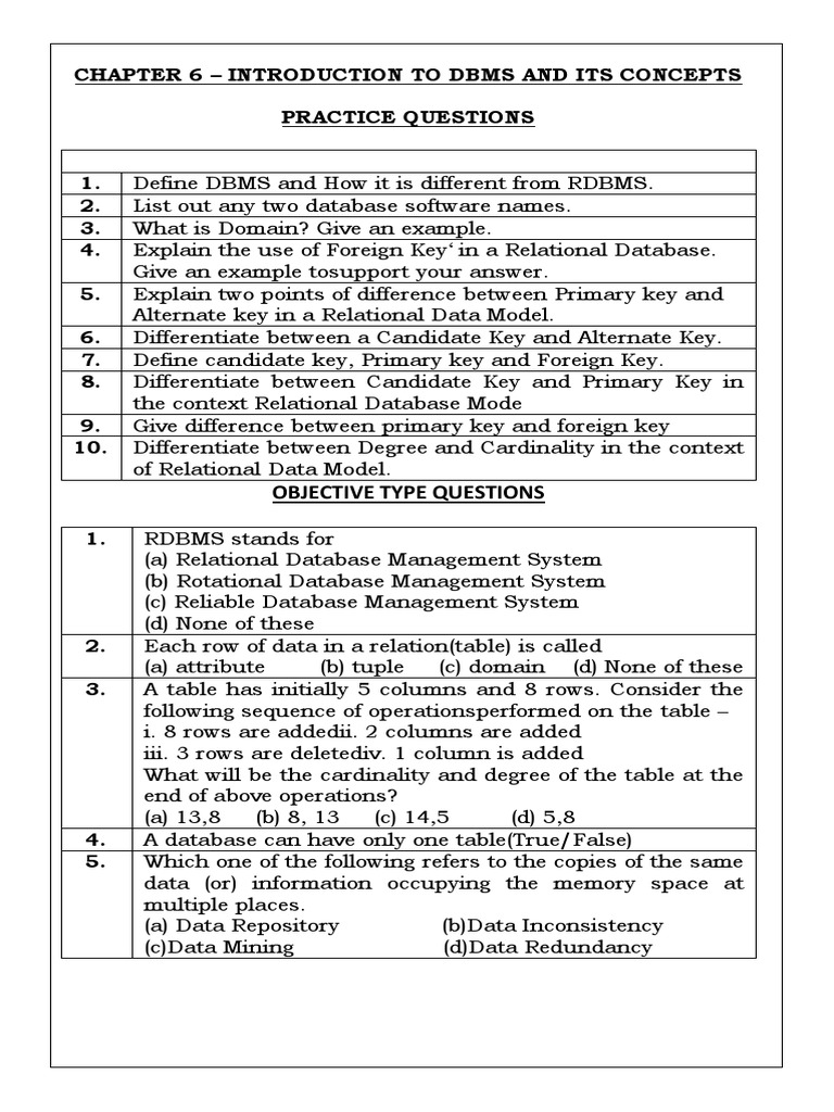 Ch 6 Introduction To Dbms And Its Concepts For Board Exam Pdf Pdf Relational Database