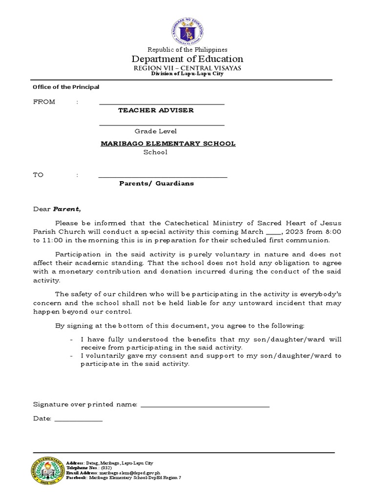 Notification to Parents Regarding an Upcoming Religious Activity for ...