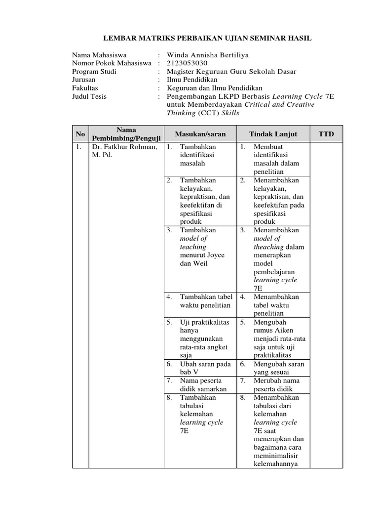 LEMBAR MATRIKS PERBAIKAN UJIAN TESIS Winda | PDF