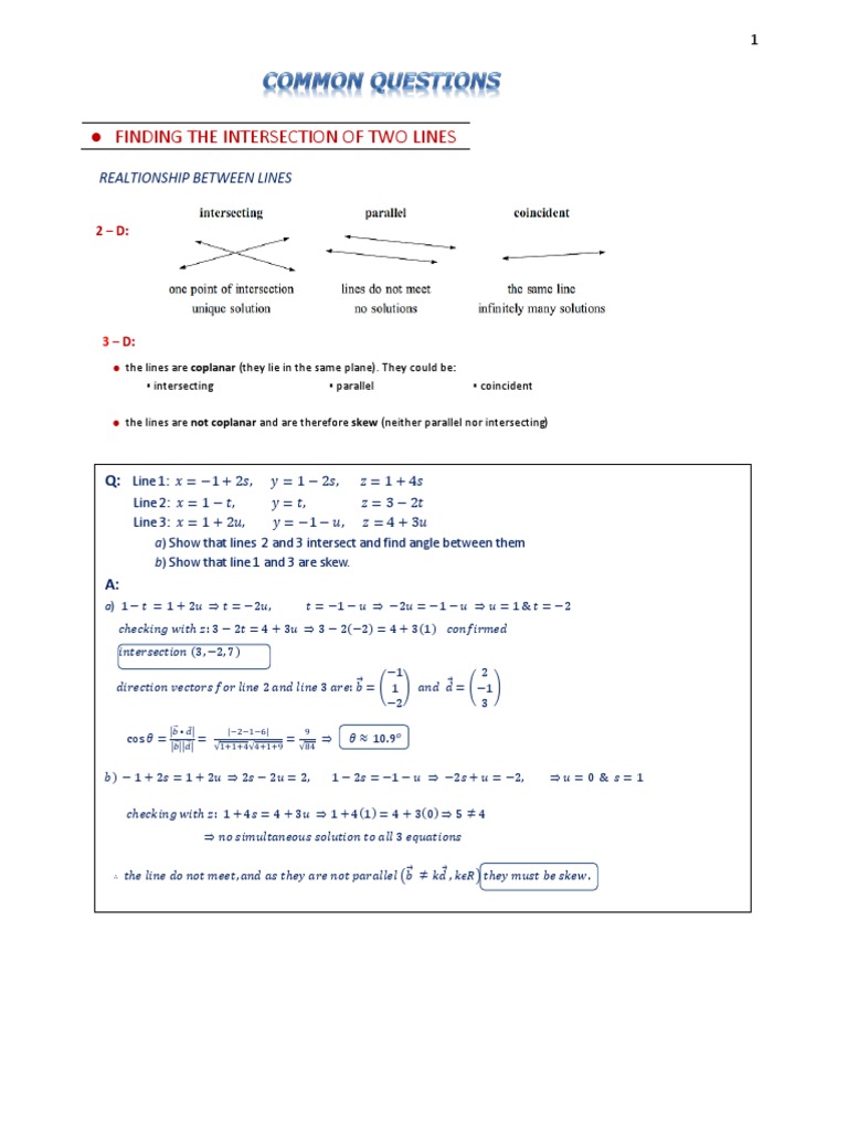 Intersecting and Skewed Example Vectors | PDF | Plane (Geometry) | Line ...