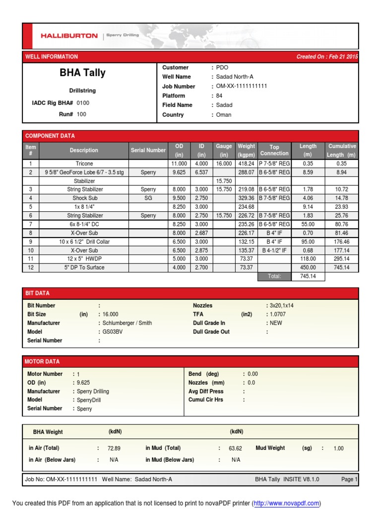 16 BHA Tally Format | PDF | Computing
