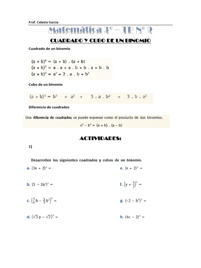 Cuadrado y Cubo de Un Binomio. 3ero B. TP Nº9 | PDF