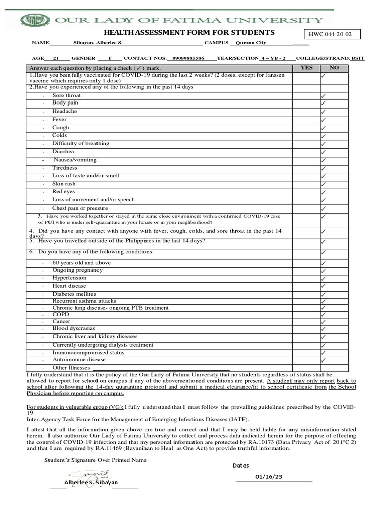 Sibayan - Health Assessment Form | PDF | Chronic Obstructive Pulmonary ...