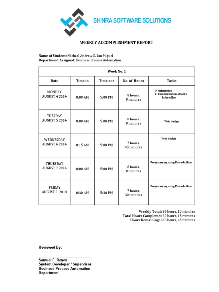 Weekly Accomplishment Report Sample | PDF
