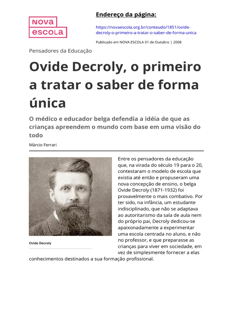 Ovide Decroly o Primeiro A Tratar o Saber de Forma Unica | PDF | Cognição