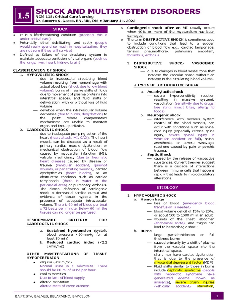 NCM 118 1.5 Shock and Multisystem Disorders Dean Bautista Balmes ...