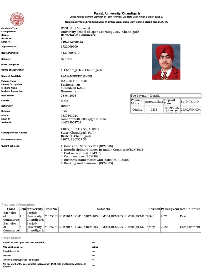 Https Usoladmissions - Puexam.in UGAdmission StudentProfile - Aspx ...