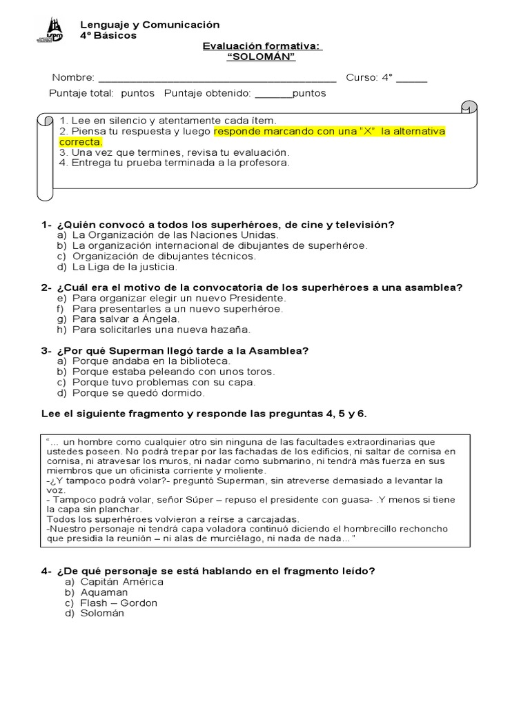 Evaluación Formativa Soloman 2022 | PDF | Superhéroes | Superhombre
