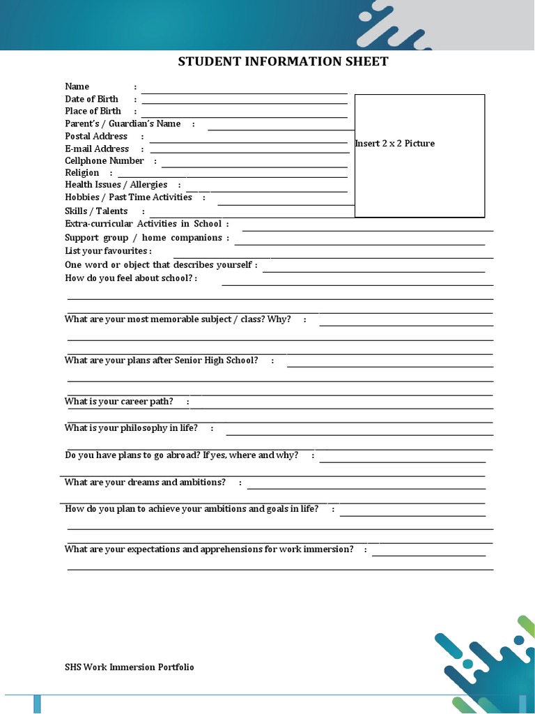Editable Student Information Sheet | PDF | Lifestyle