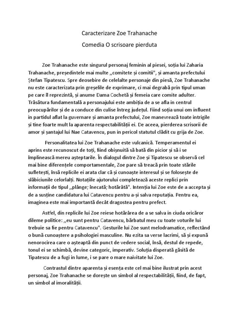 Caracterizare Zoe Trahanache | PDF