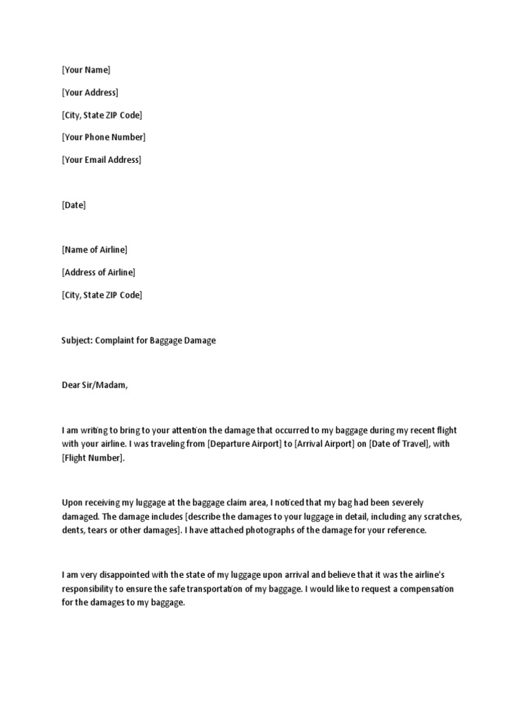 Baggage Damage Complaint Letter Template | PDF