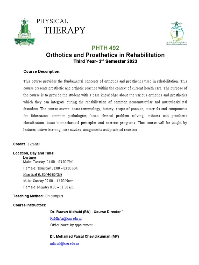 PHTH 492 - Orthotics & Prosthetics Syllabus-2023 | PDF | Prosthesis ...