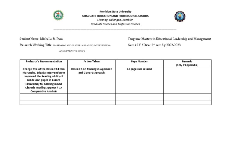 Revision Matrix - Pion Michelle Marungko and Claveria Reading ...
