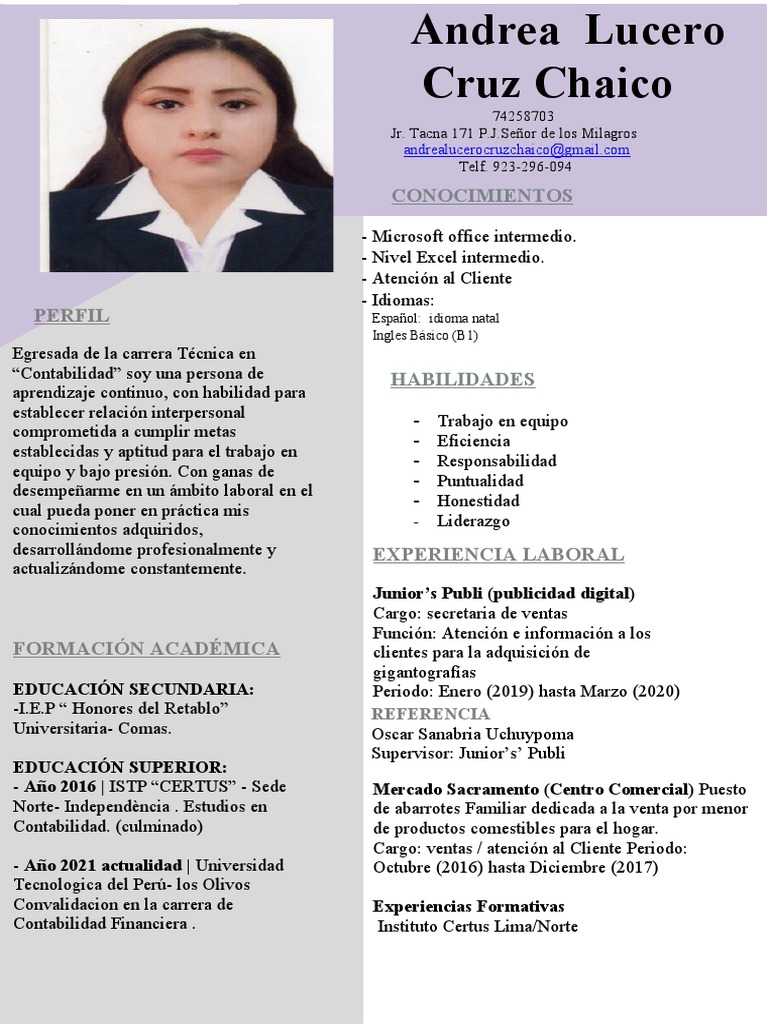 Curriculum Vitae - Andrea Lucero Cruz Chaico | PDF