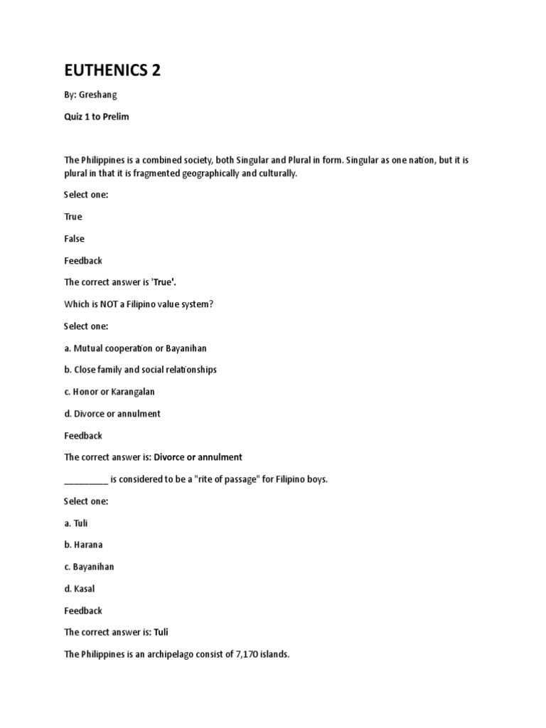 Euthenics 2 - Quiz 1 - Prelim | PDF | Family | Grandparent
