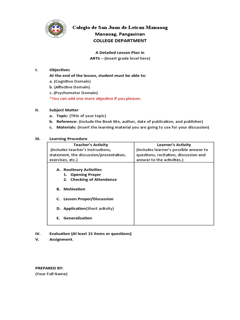 Detailed Arts Lesson Plan Template | PDF
