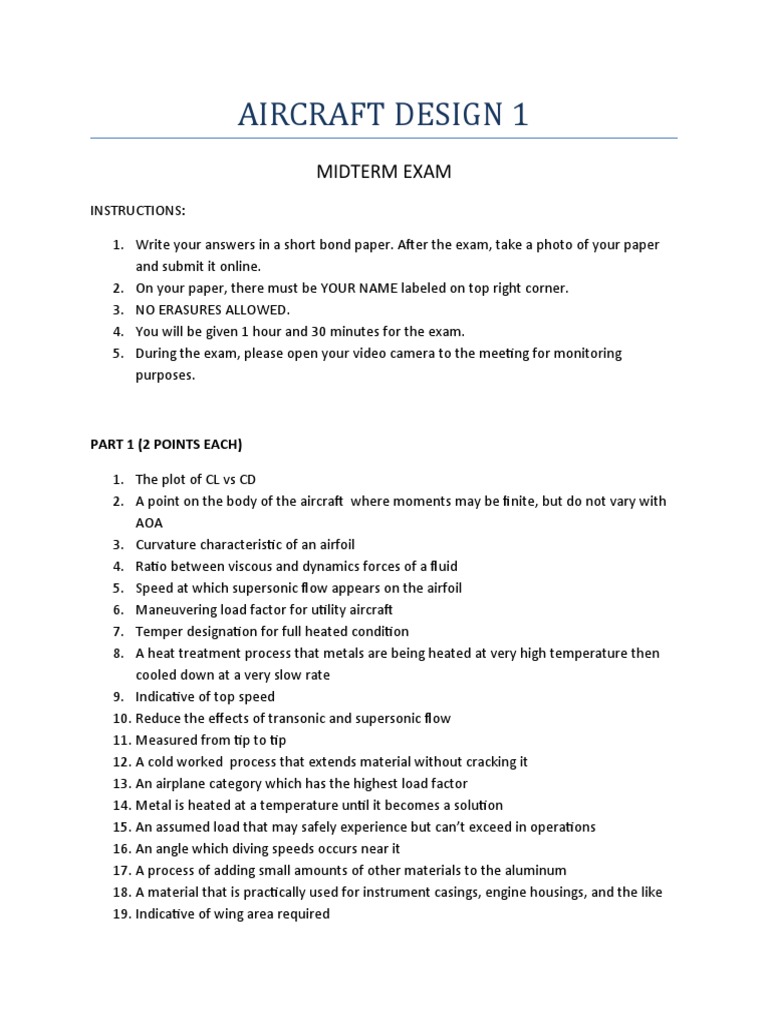 Aircraft Design Midterm Exam | PDF | Drag (Physics) | Wind Tunnel