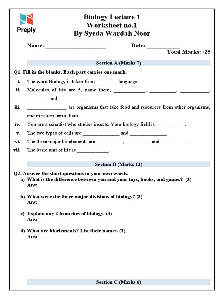 Biology Lec-1 Worksheet | PDF