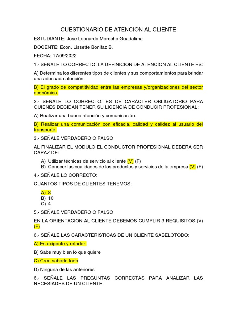 Cuestionario de Atencion Al Cliente | PDF | Servicio al Cliente