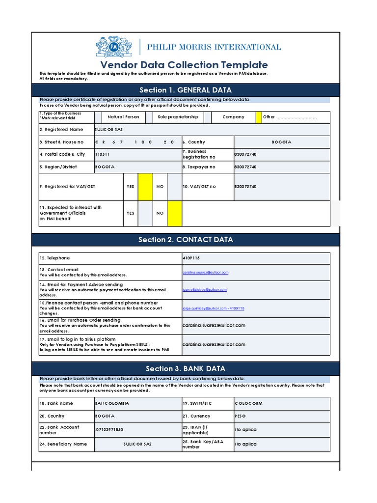 S-101 Vendor Data Collection Template | PDF | Service Industries | Business