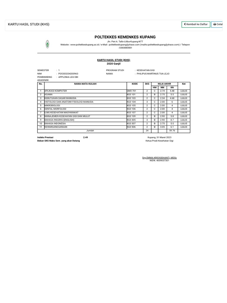 Kartu Hasil Studi (KHS 1) | PDF