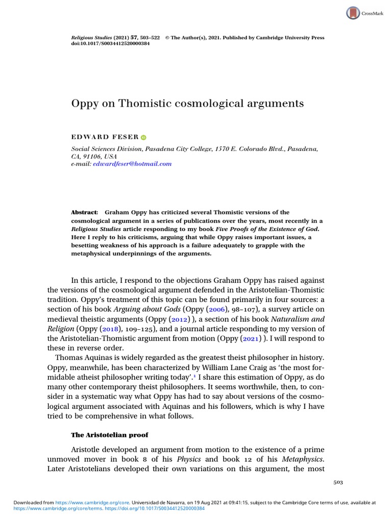 Feser (2021) Oppy On Thomistic Cosmological Arguments | PDF | Thomism ...