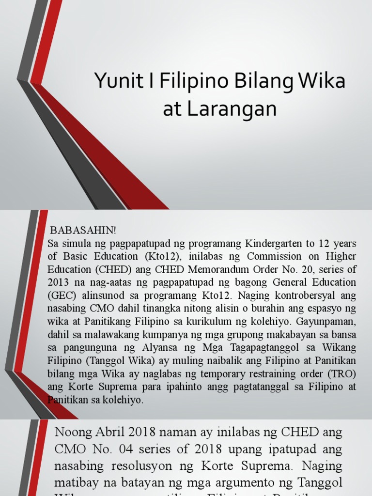 Yunit I Filipino Bilang Wika at Larangan 1 | PDF