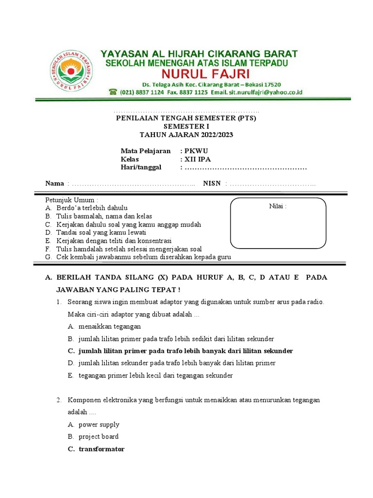 Soal PTS Pkwu 2022 | PDF