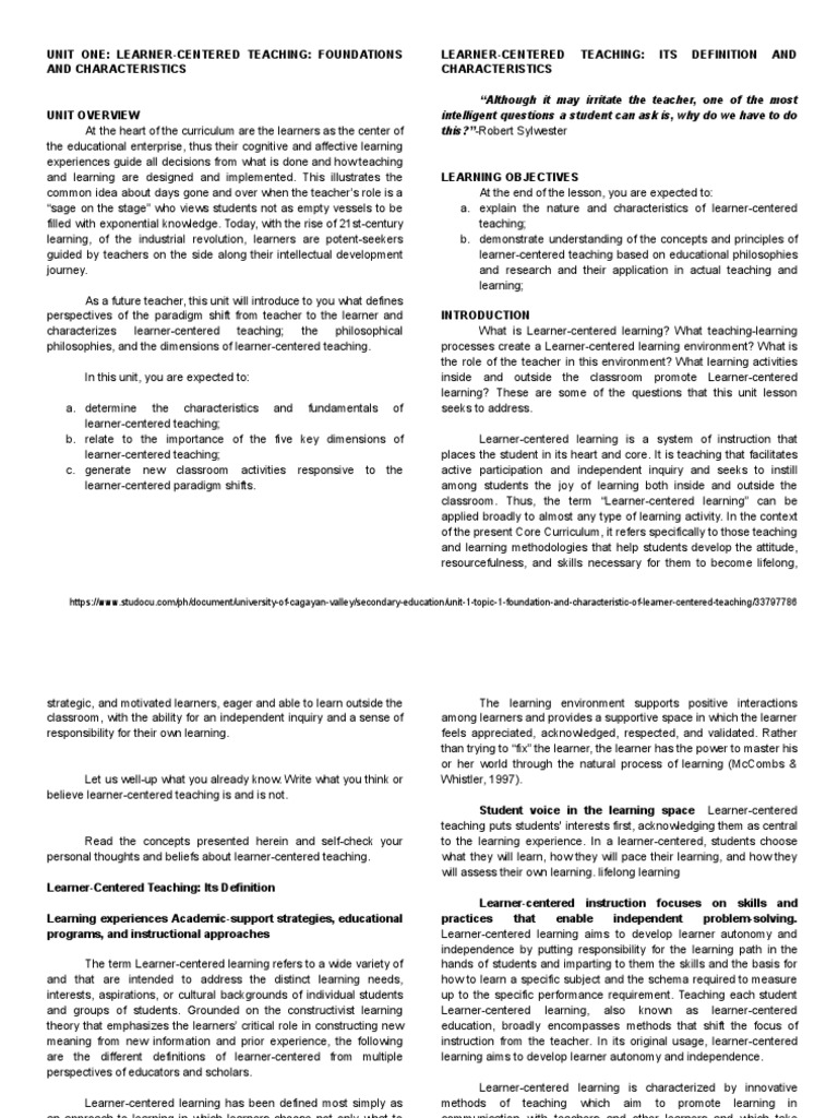 Unit One - Learner-Centered Teaching - Foundations and Characteristics | PDF | Learning | Teachers
