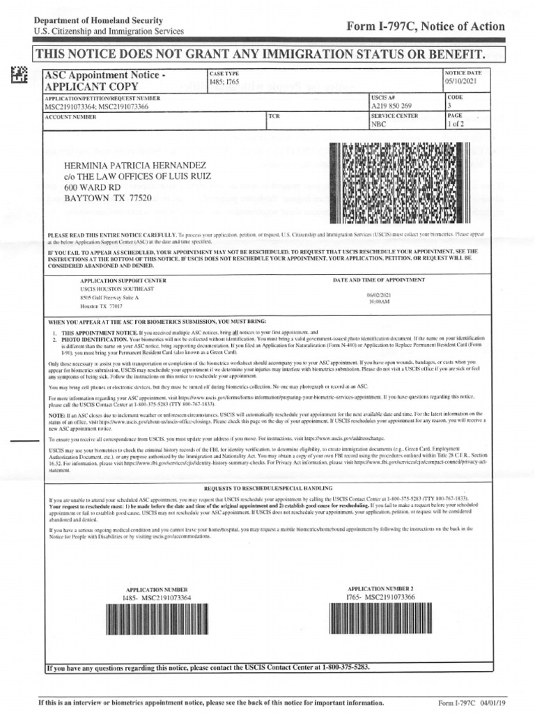 Hernandez, H I-485 Biometrics Notice | PDF