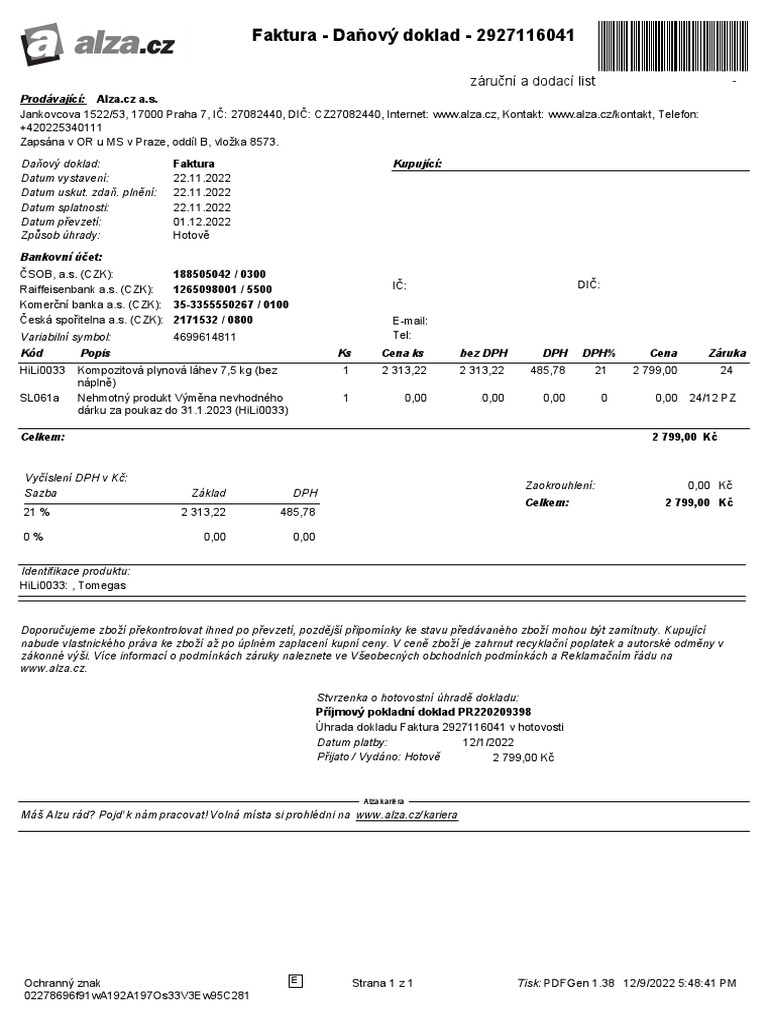 Faktura - Daňový Doklad - 2927116041: Alza - CZ A.S | PDF
