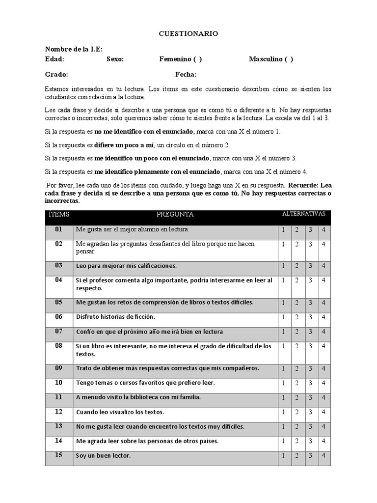 Encuesta sobre actitudes hacia la lectura | PDF