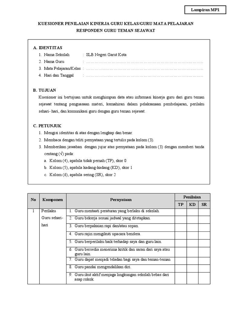 Kuesioner Penilaian Kinerja Guru Kelas, Guru Mata Pelajaran (Responden ...