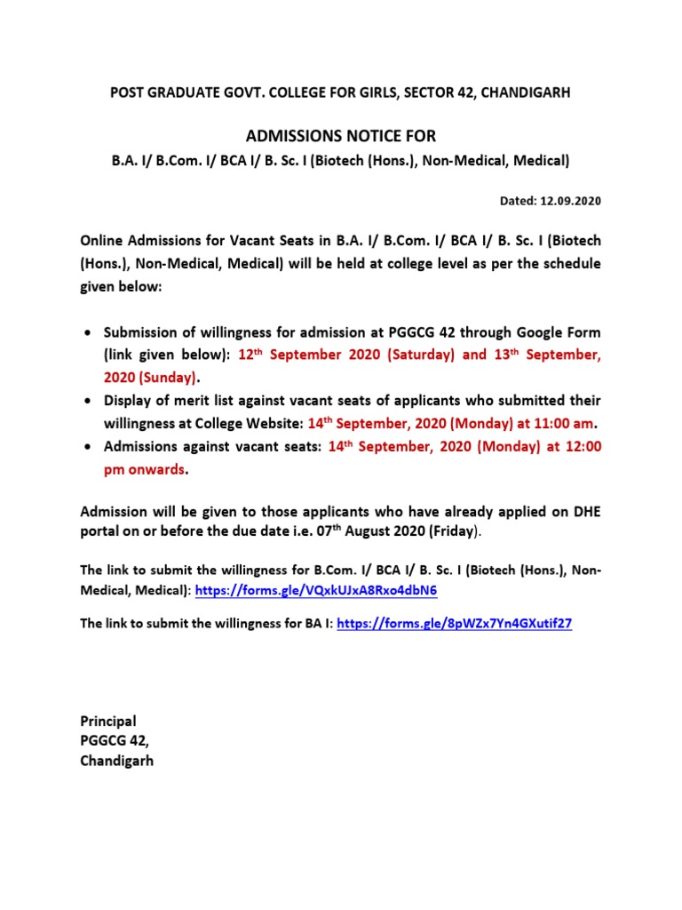 Admissions Notice For | PDF