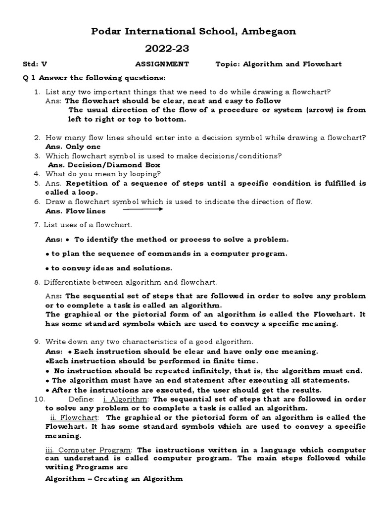 1673862750795 Std 5 Algorithm And Flow Chart Assignment Pdf Algorithms Applied Mathematics