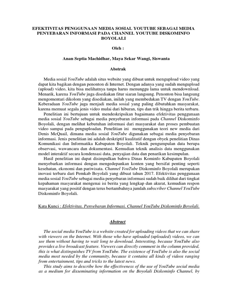Efektivitas Penggunaan Media Sosial Youtube Sebagai Media PDF | PDF