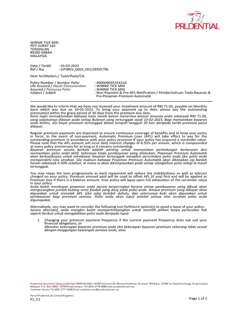 Notification of Non-Payment and Options to Avoid Lapse of Life ...