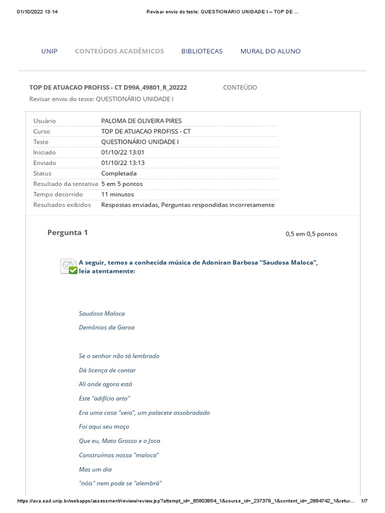Questionário Unidade I - Top de Atuacao Profiss - CT | PDF ...