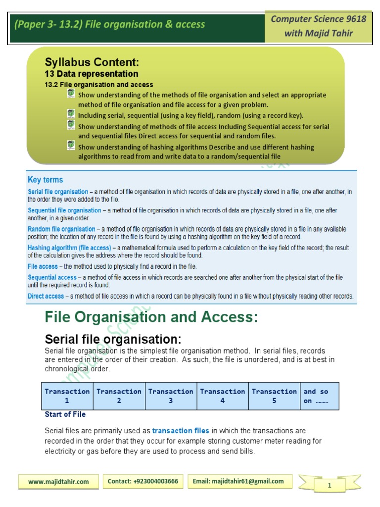 13.2 File Organisation & Access (MT-L) | PDF | Database Index | Computer File