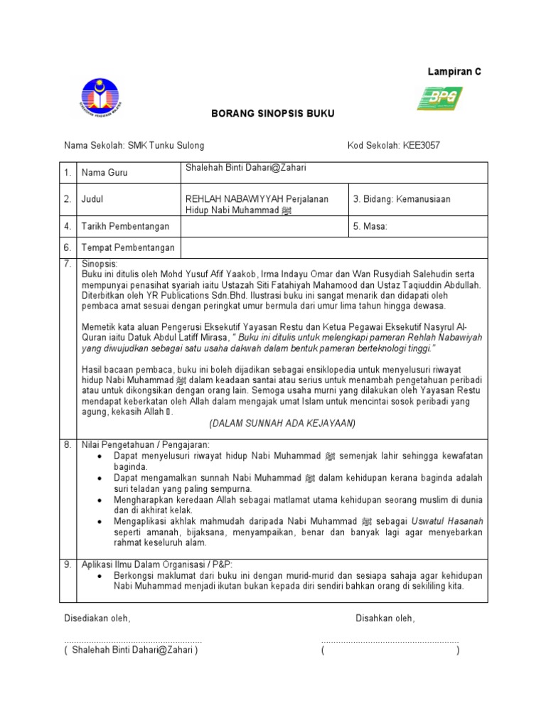 Borang Sinopsis Baca Buku SPL REHLAH NABAWIYYAH | PDF