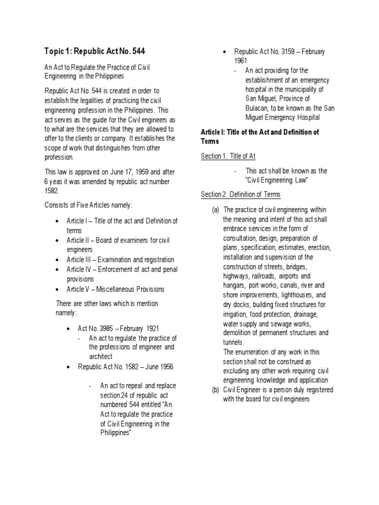 Topic 1 Republic Act No 544 | PDF | Engineer | Civil Engineering