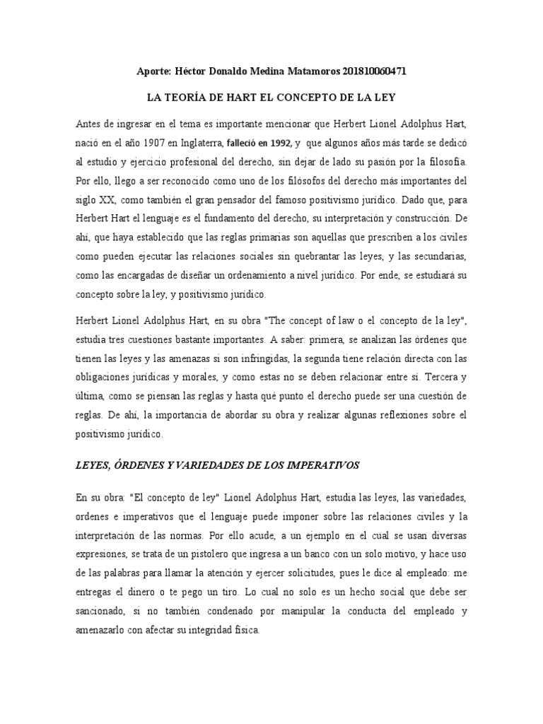 TEORÍA DE HART EL CONCEPTO DE LA LEY Hector Medina | PDF | Estado ...