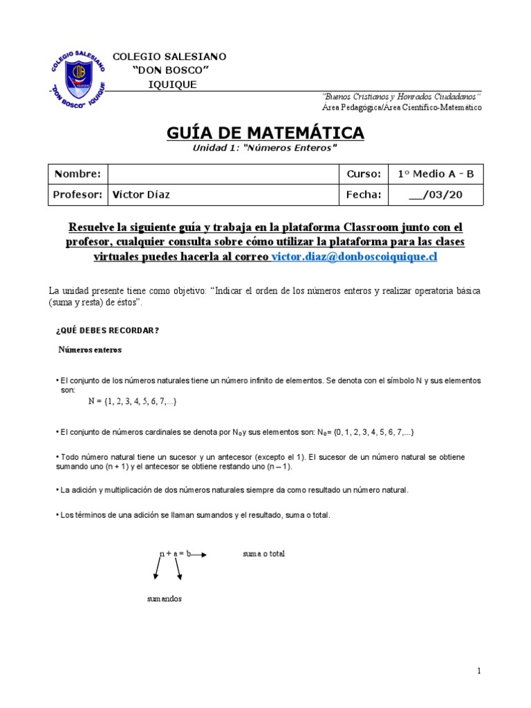 1.numeros Enteros Guia Reforzamiento Primeros Medios Matematica ...
