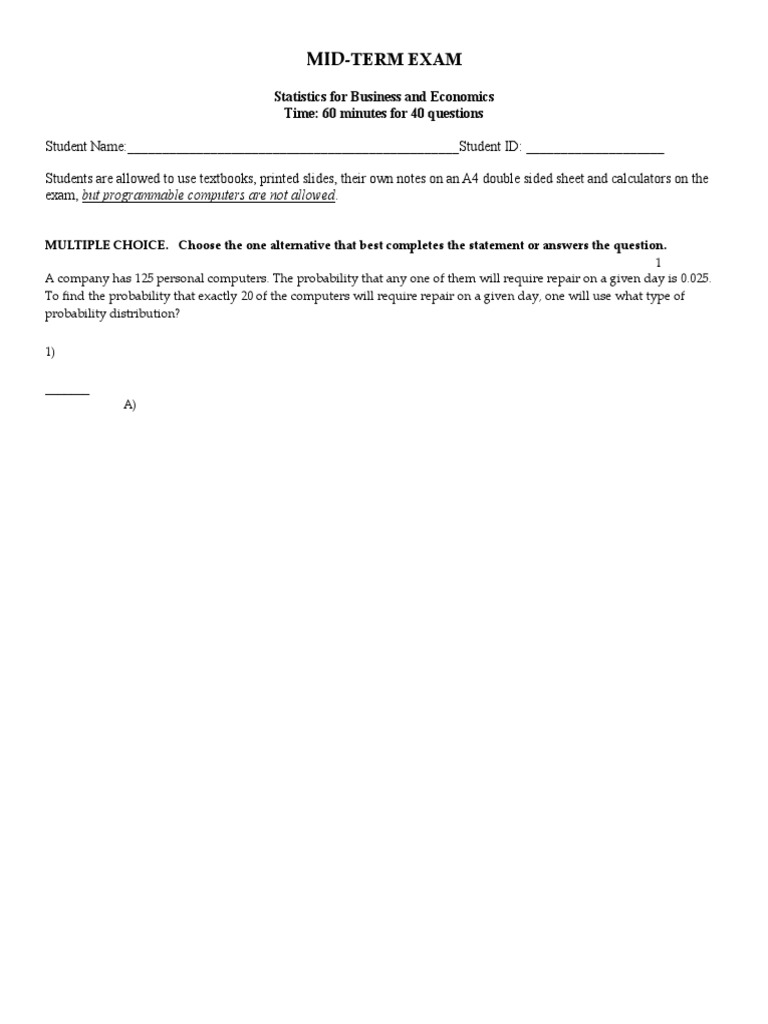Business Stats Exam Guide | PDF | Probability Distribution | Statistics