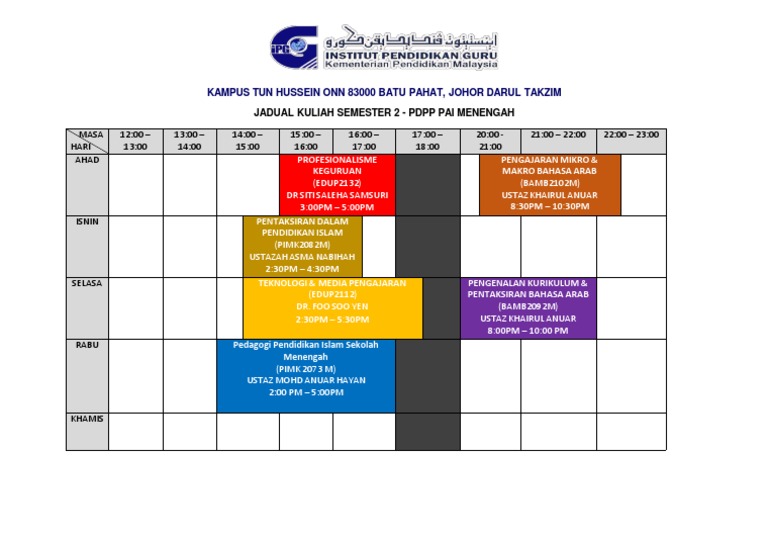 TImetable IPGKTHO Semester 2 - 21 Februari 2023 - SS | PDF